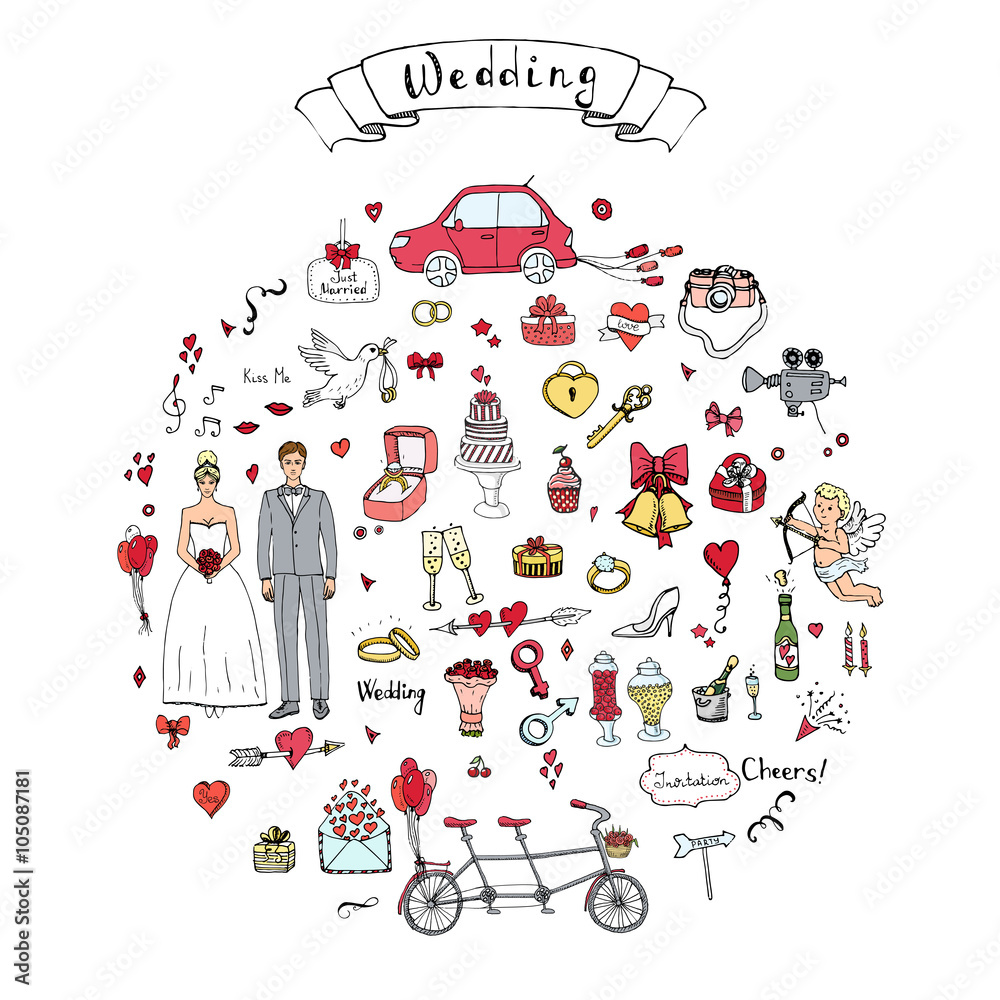 Vetor de Hand drawn doodle Wedding collection Vector illustration Sketchy Marriage icons Big set ...