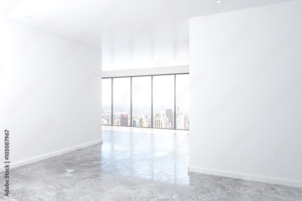 Modern empty loft room with big windows, white wall and concrete Stock ...