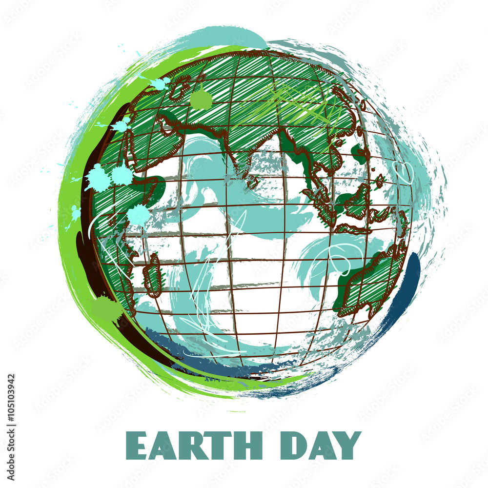 Earth day poster with earth globe. Hand drawn grunge style art ...
