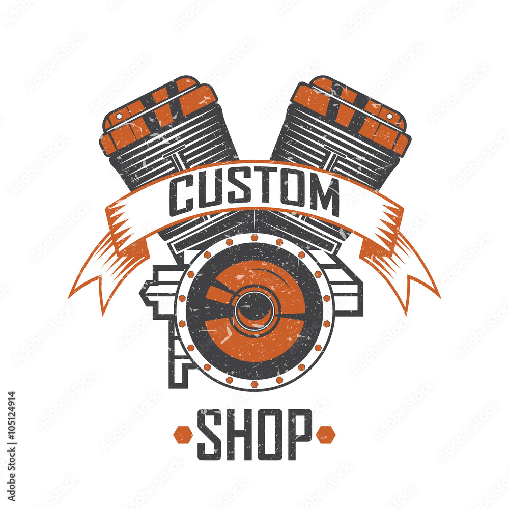 Engine of the motorcycle custom shop, vintage motorcycle emblems ...