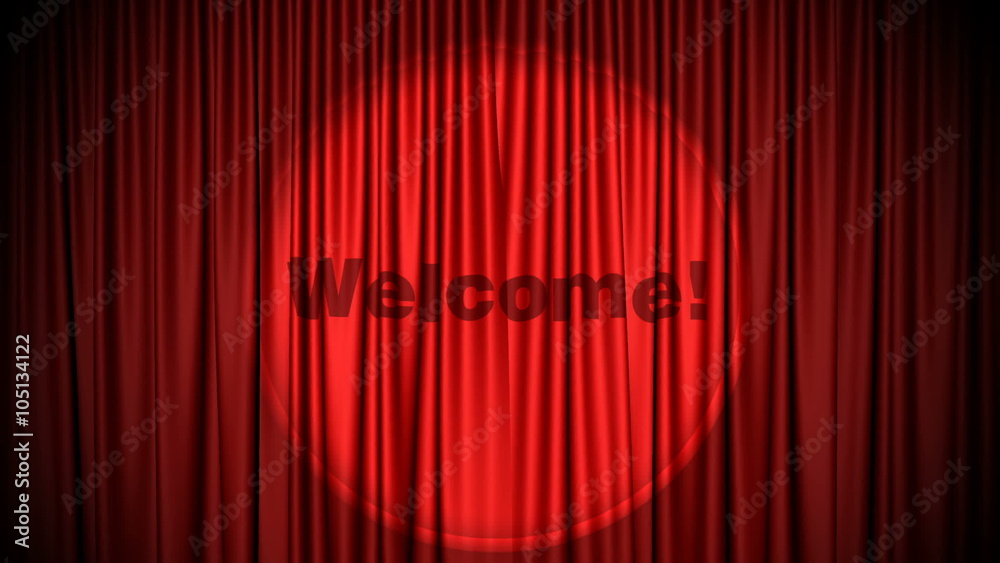 Red, Cinema style curtain with Welcome projected on it opens to green ...