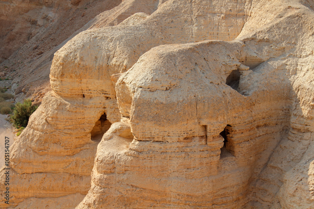 Qumran caves at the archaeological site in the Judean desert of the ...