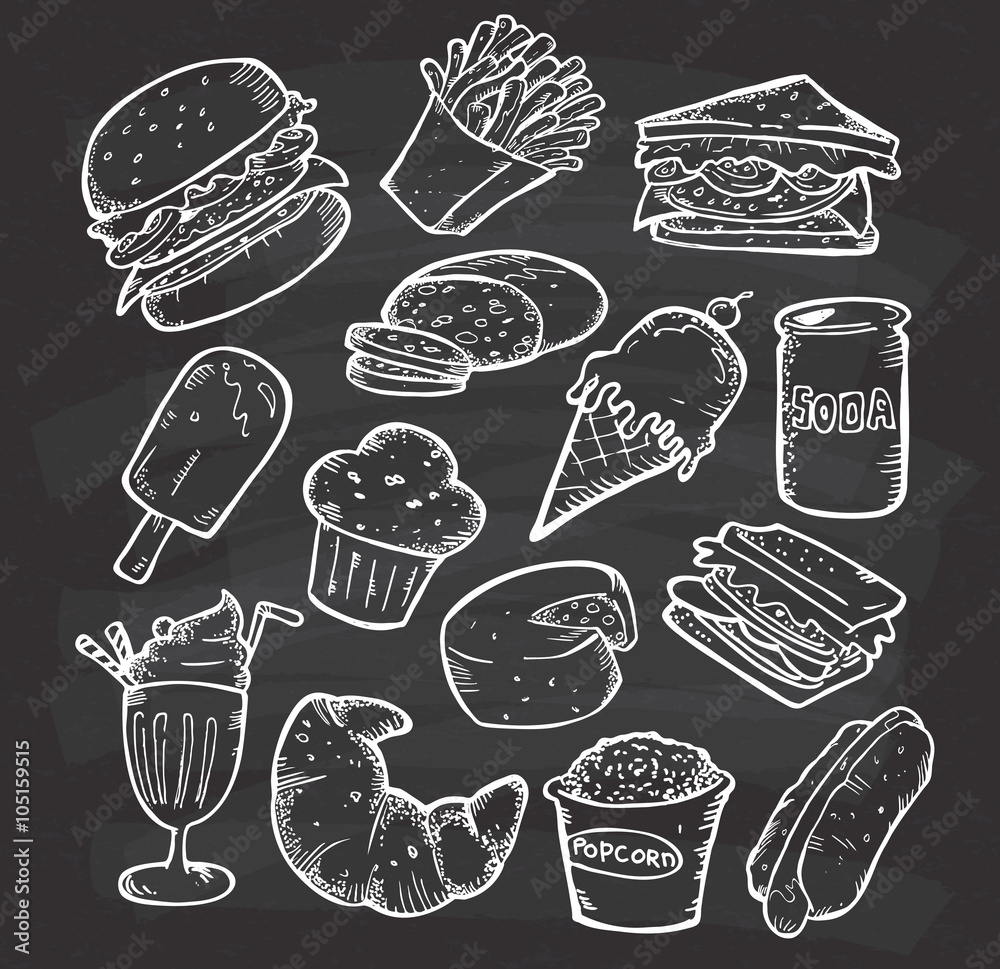 Set of hand drawn food and snack on chalkboard background Stock Vector ...