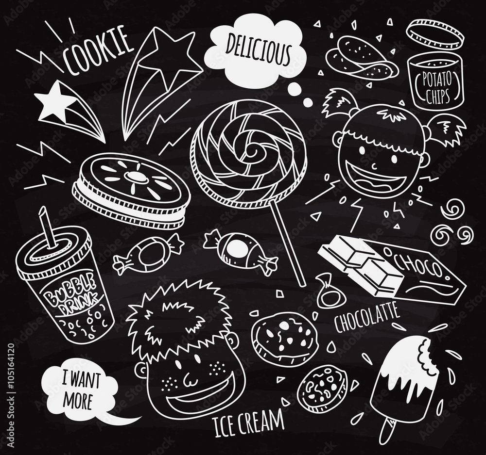 Sweet and snack with happy kids doodle on chalk board Stock Vector ...