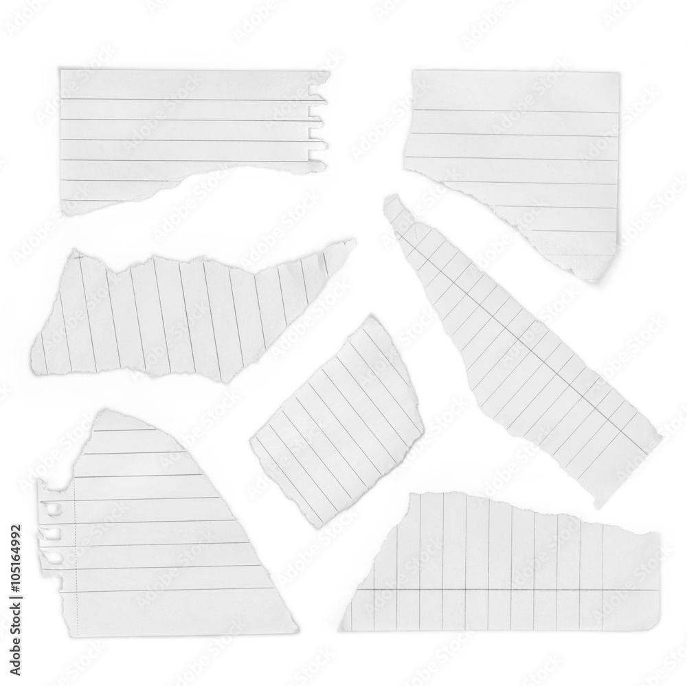 collection of various ripped pieces of paper on white background Stock ...