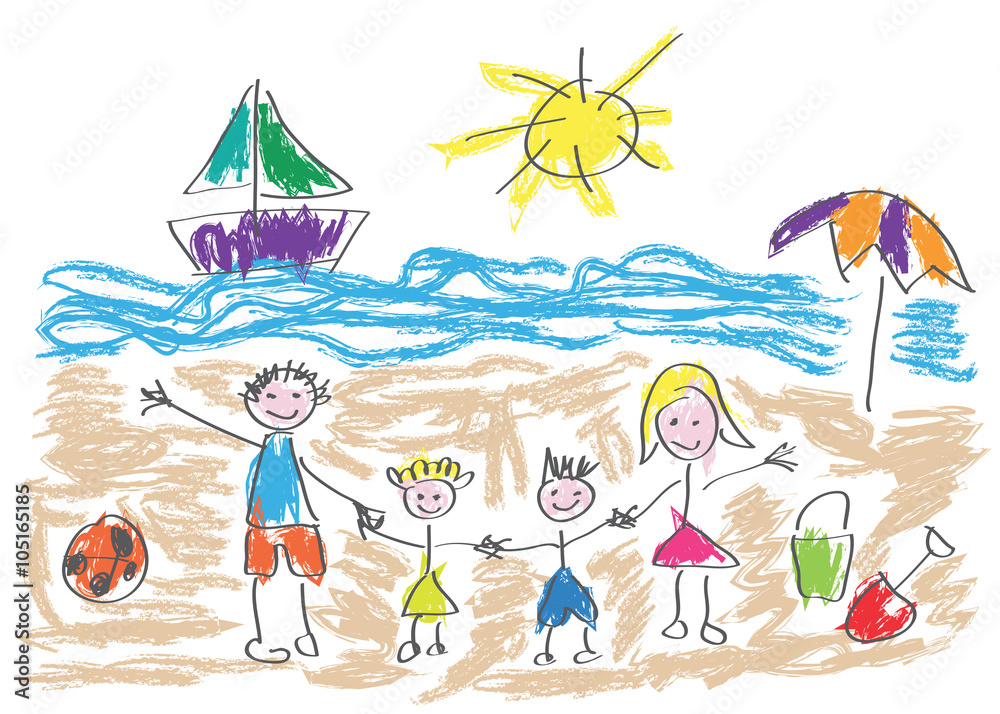 Vector drawing made by a child, happy family on vacation at the Stock ...