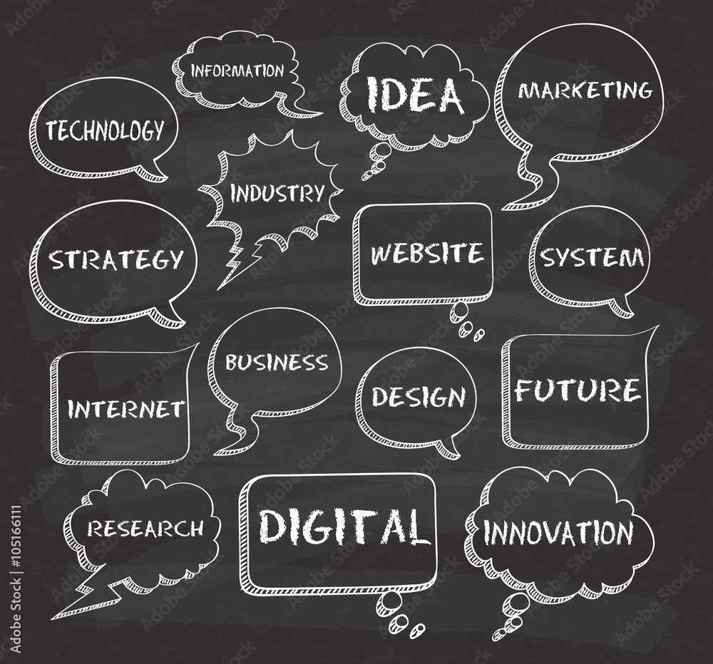 speech bubble with digital technology keywords on chalkboard background ...