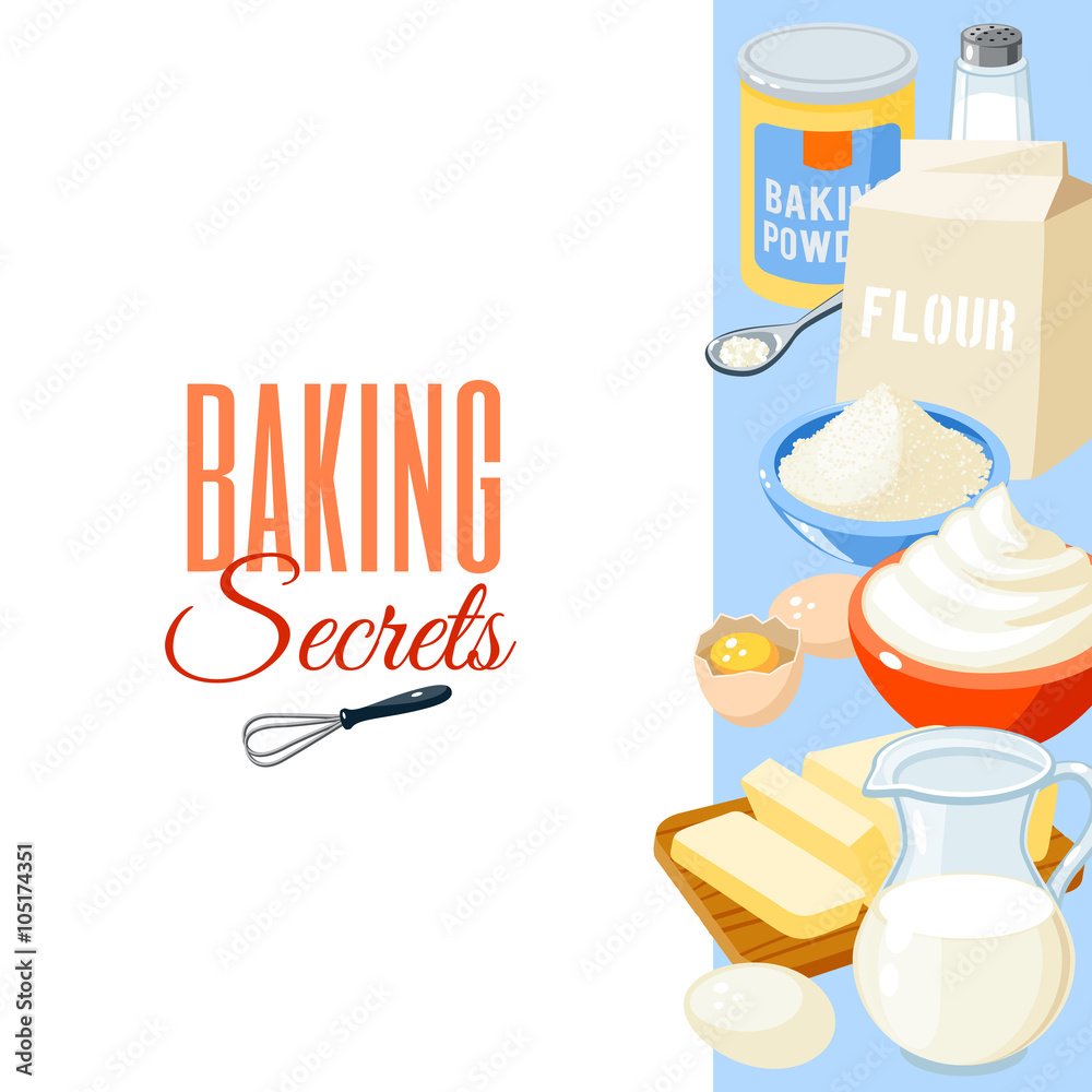 Background with cartoon food: baking ingredients - flour, eggs, butter ...