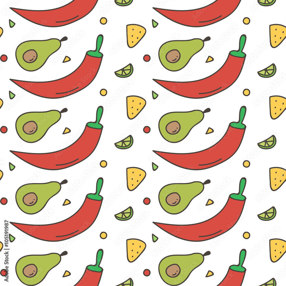 Colorful Mexican food seamless pattern background. Hot chili pepper ...