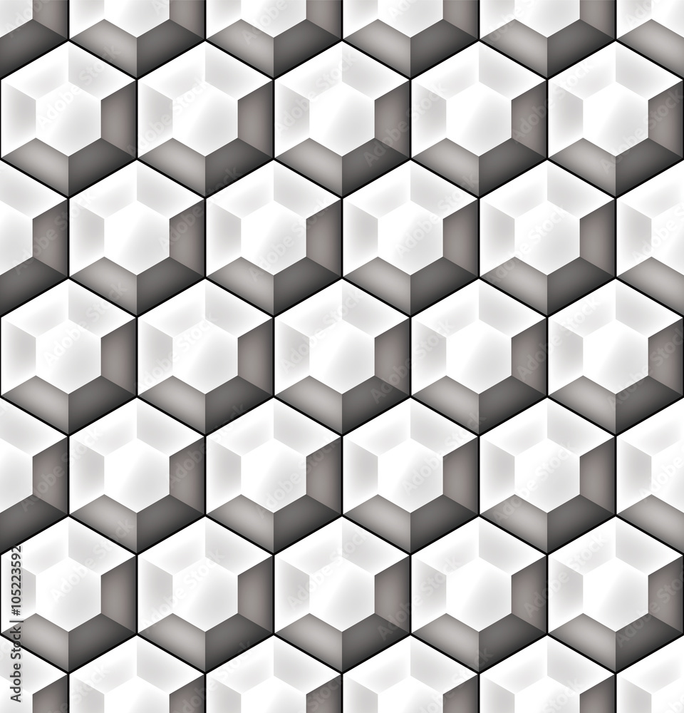 Geometric seamless pattern of three‐dimensional hexagons. Gray scale ...