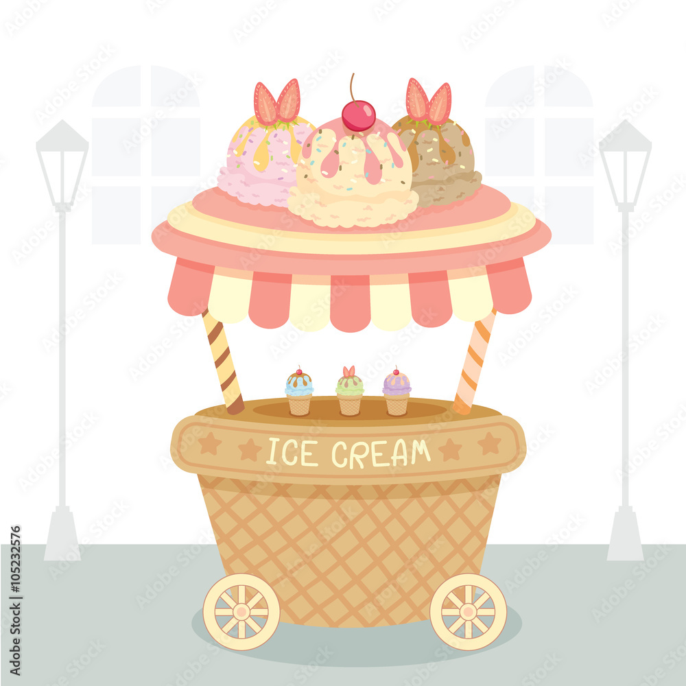 Vector ice cream push cart on white street background.Pastel color in ...