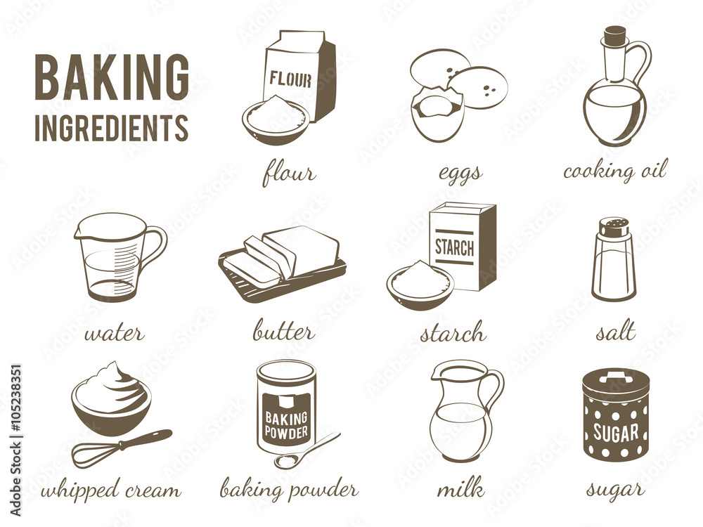 Set of monochrome, lineart food icons: baking ingredients - flour, eggs ...