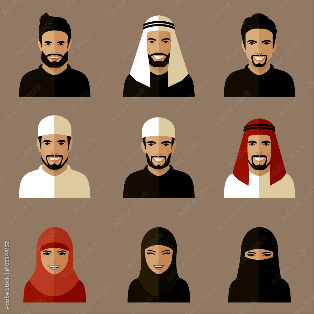 set of flat muslim avatars, vector arab people icon, saudi characters ...