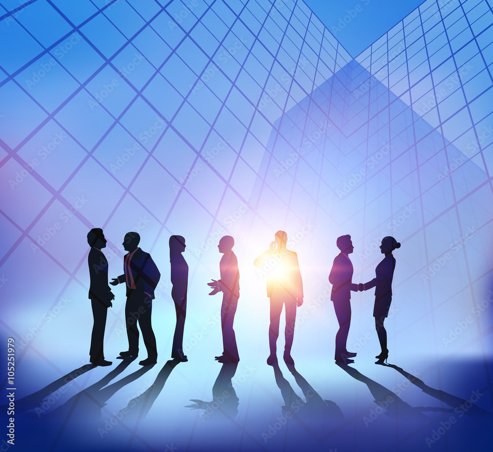 Abstract business meeting with sunset city background Stock 벡터 | Adobe ...