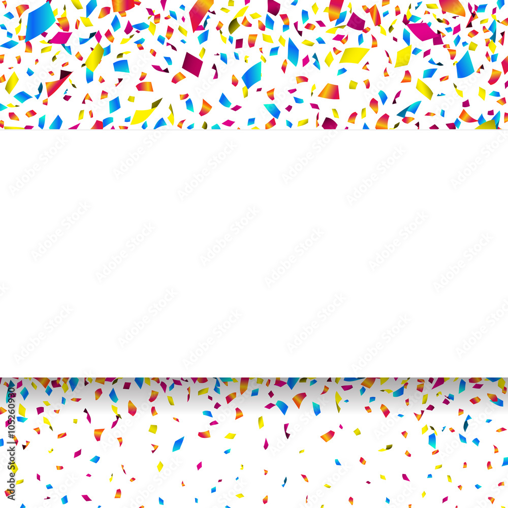 White banner with colorful falling confetti. Vector illustration. Stock ...