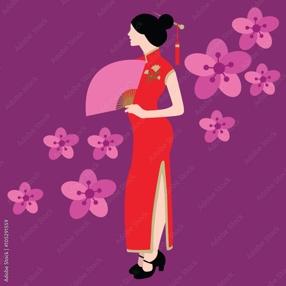 qipao chinese traditional dress costume clothes red china asia vector ...