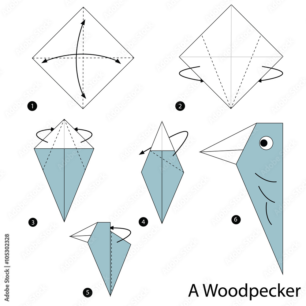 step by step instructions how to make origami a Woodpecker. Stock ...