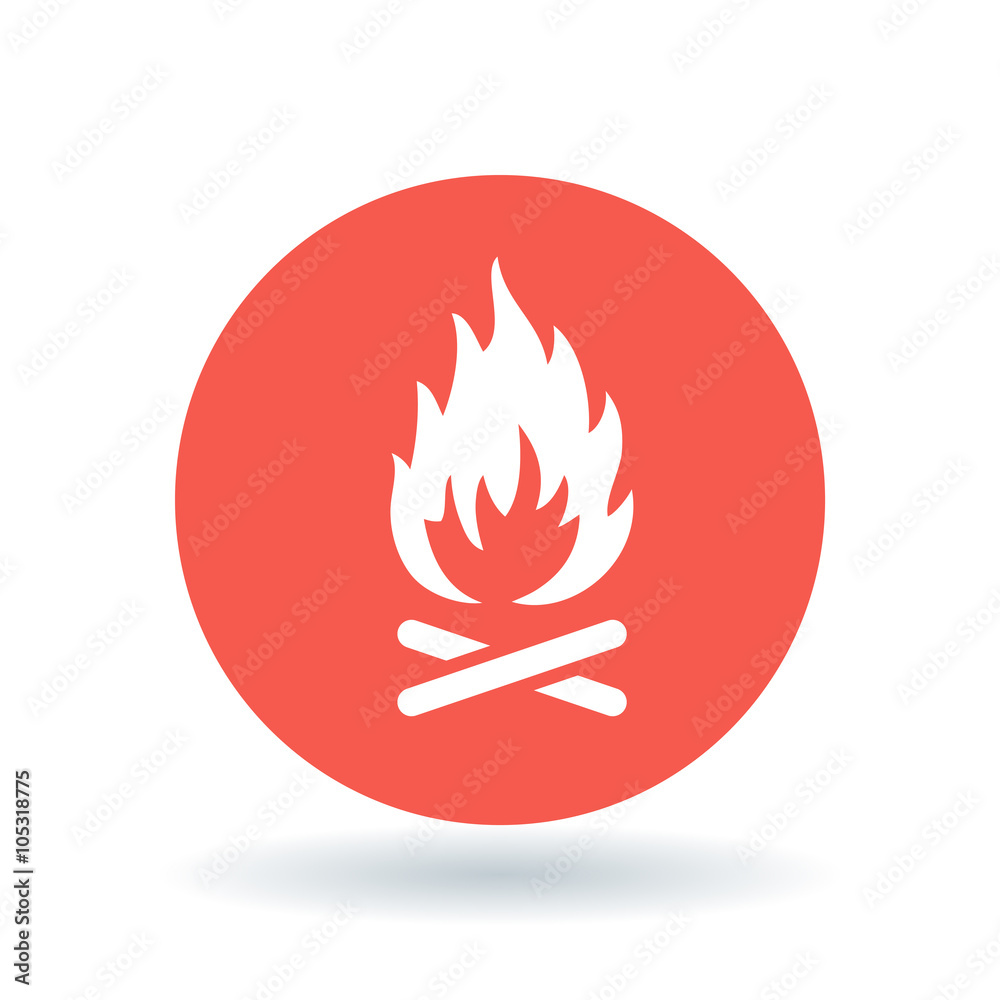 Wood fire icon. Outdoor bonfire symbol. Camp fire sign. White outdoor ...