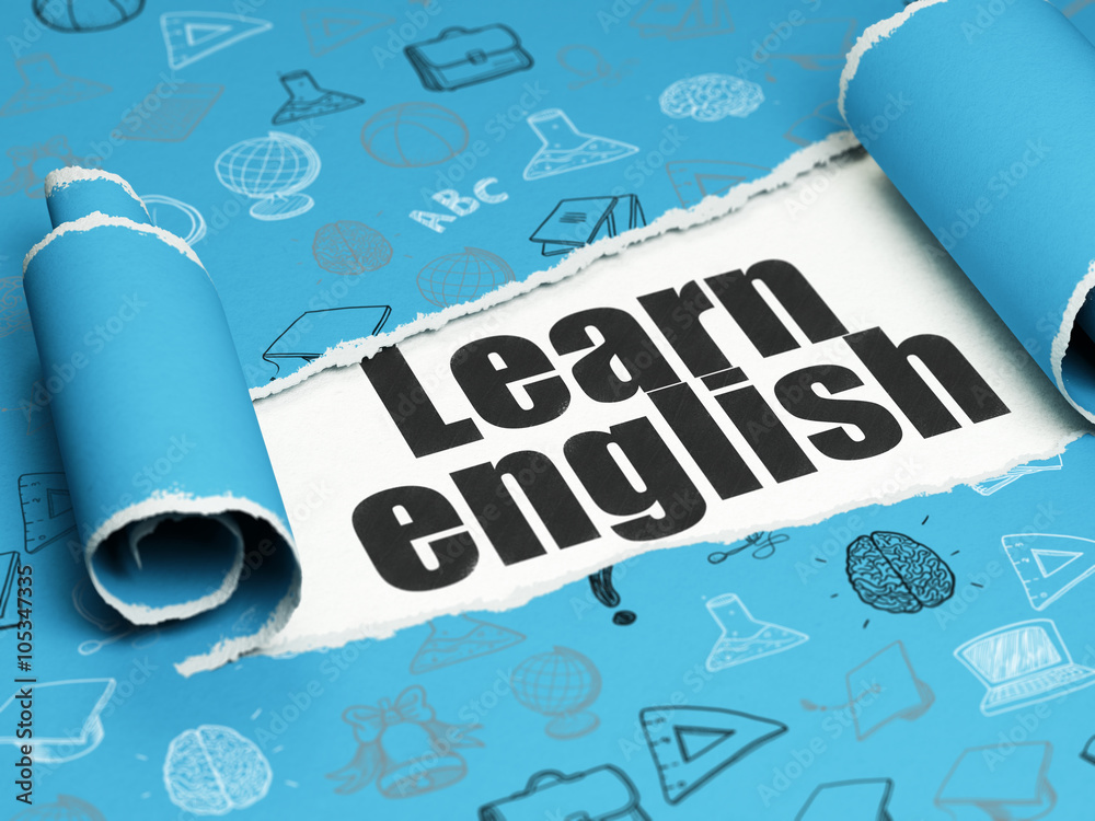 Studying concept: black text Learn English under the piece of torn ...