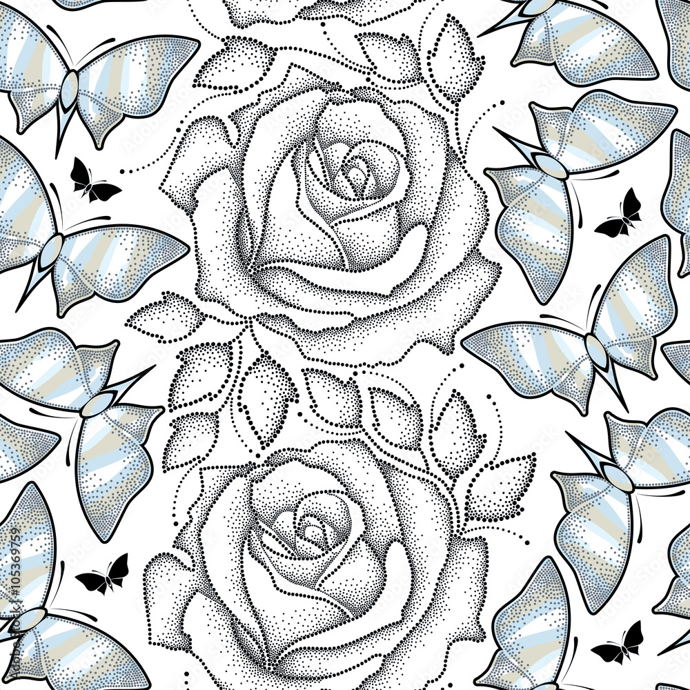 Seamless pattern with black dotted rose, leaves and butterflies in ...