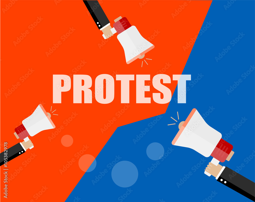 Hands holding protest signs and bullhorn, crowd of people protesters ...