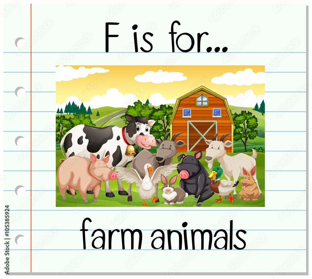Flashcard letter F is for farm animals Stock Vector | Adobe Stock