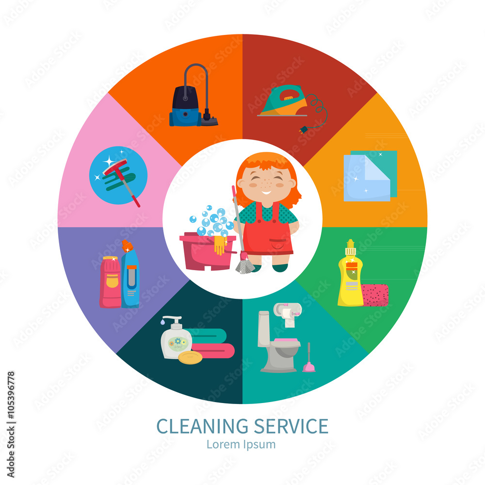 Cartoon little girl with a set of objects for cleaning the house Stock ...