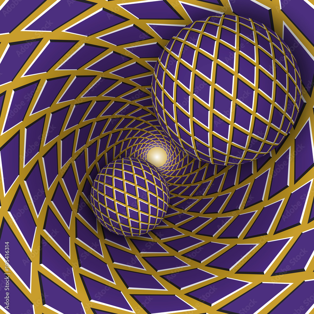 Optical illusion illustration. Two balls are moving on rotating golden ...