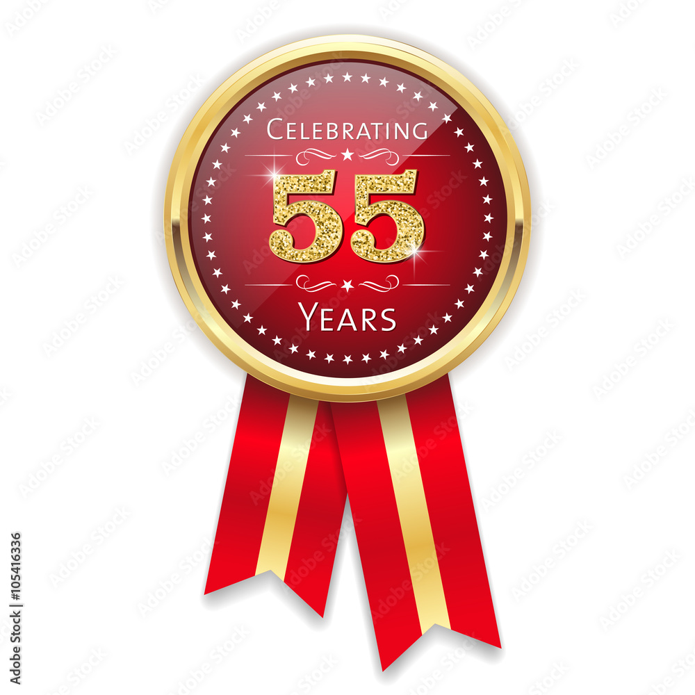 Red celebrating 55 years badge, rosette with gold border and ribbon ...
