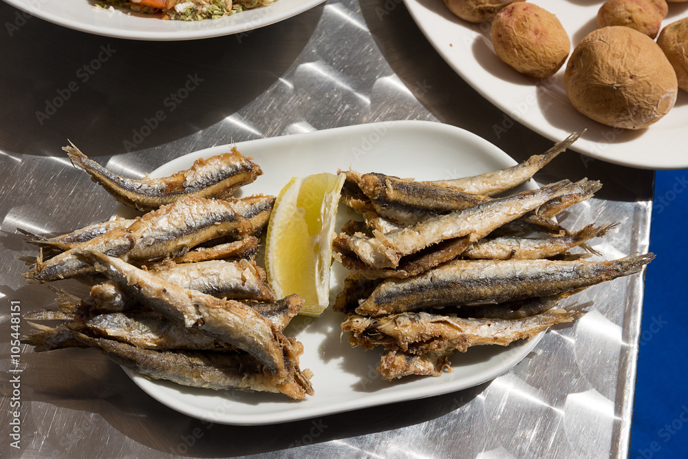 Boquerones fritos and papas arrugadas - Spanish fried anchovies ...