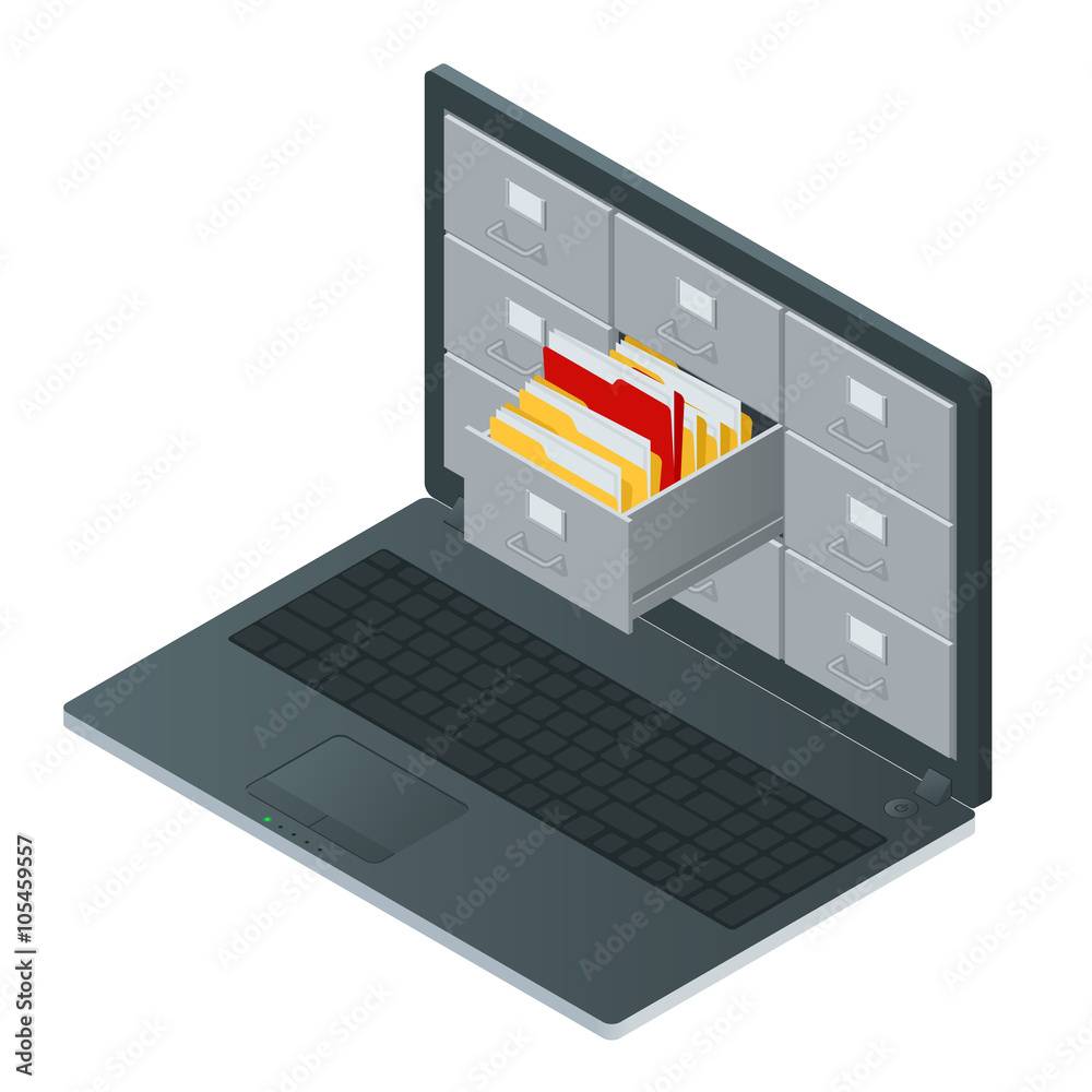 File cabinets inside the screen of laptop computer. Laptop and file ...