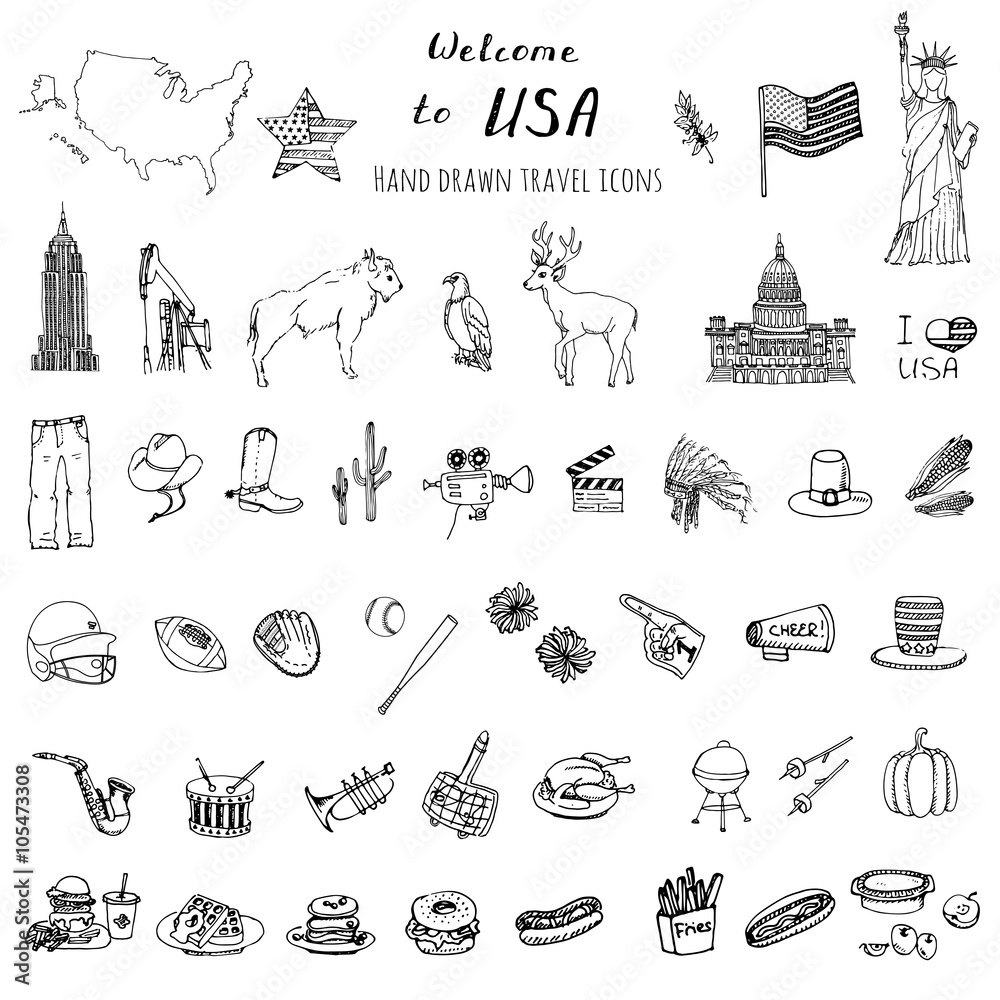 Hand drawn doodle USA set Vector illustration Sketchy american icons ...
