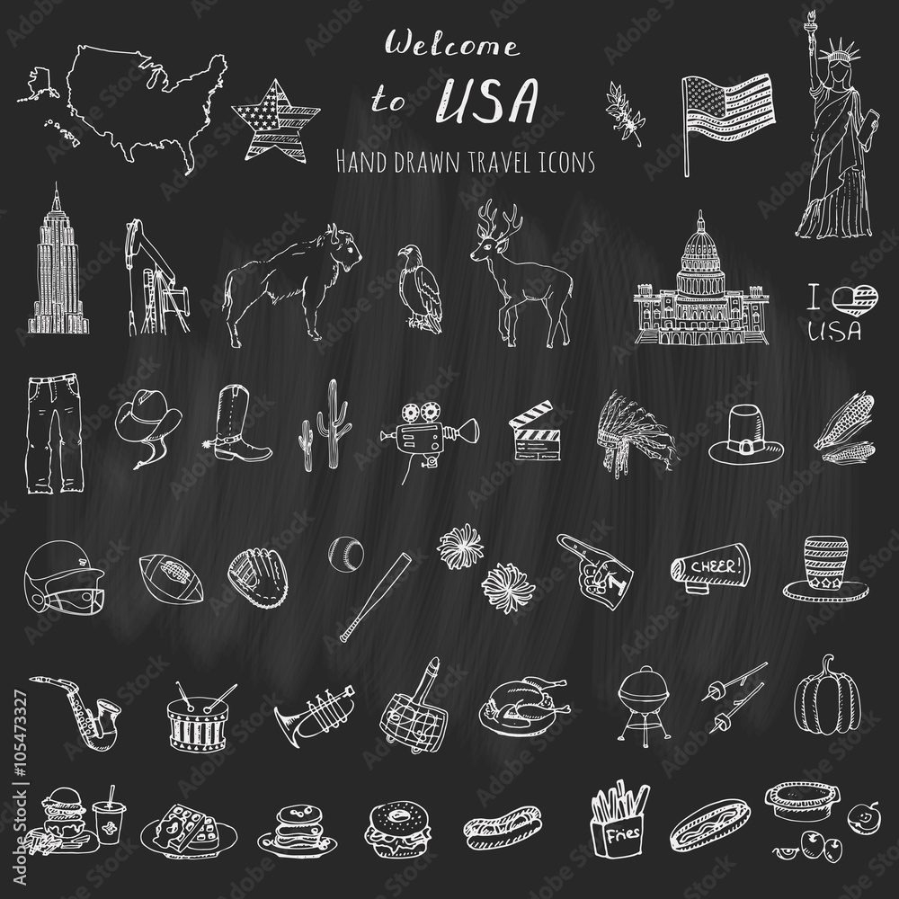 Hand drawn doodle USA set Vector illustration Sketchy american icons ...