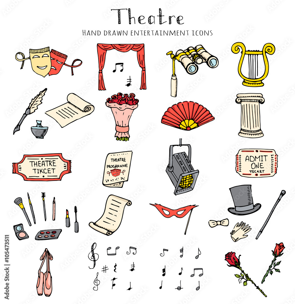 Hand drawn doodle Theatre set Vector illustration Sketchy theater icons ...