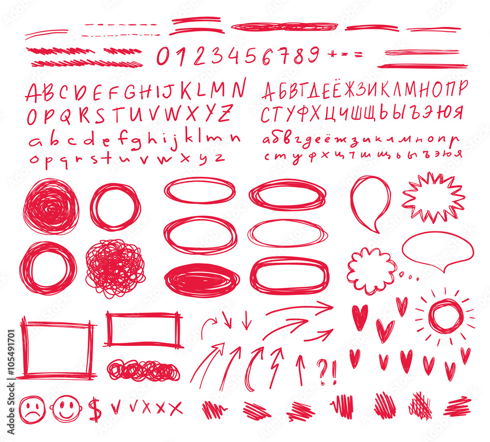 Hand drawn vector scribbles set. Frames, highlights, arrows, speech ...