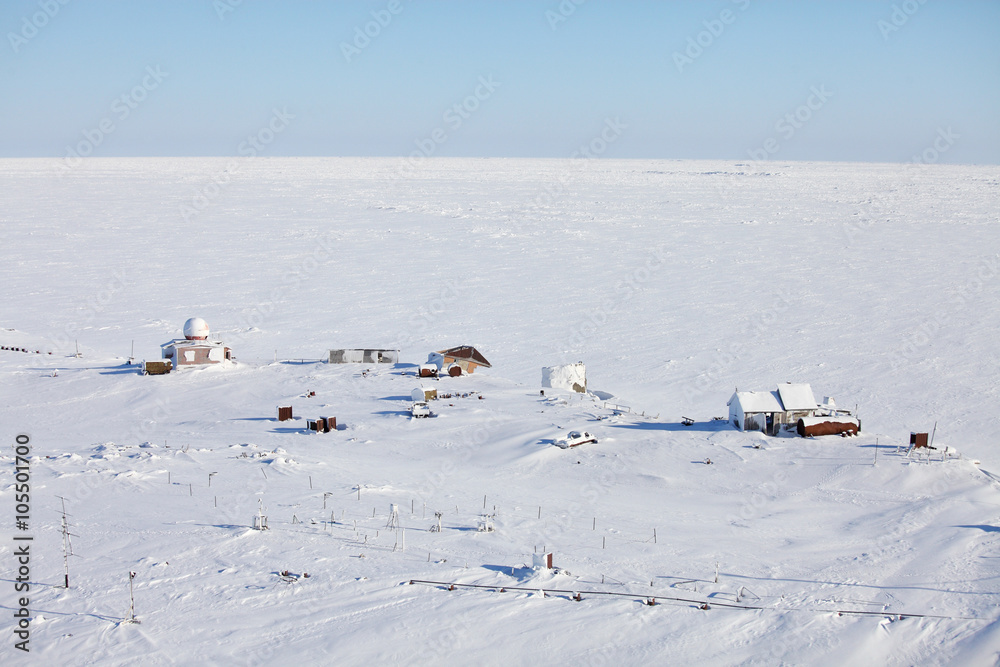 Aerial view of abandoned polar station on an isolated Vize Island ...
