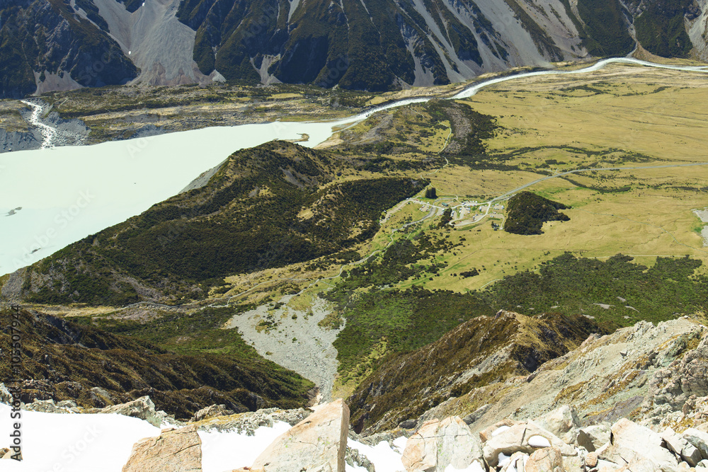 White Horse Hill Campground at the bottom of Mount Cook Stock Photo ...