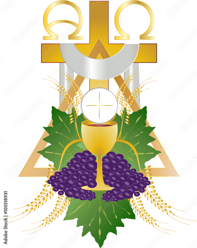 Eucharist symbol of bread and wine, chalice and host, with wheat ears ...