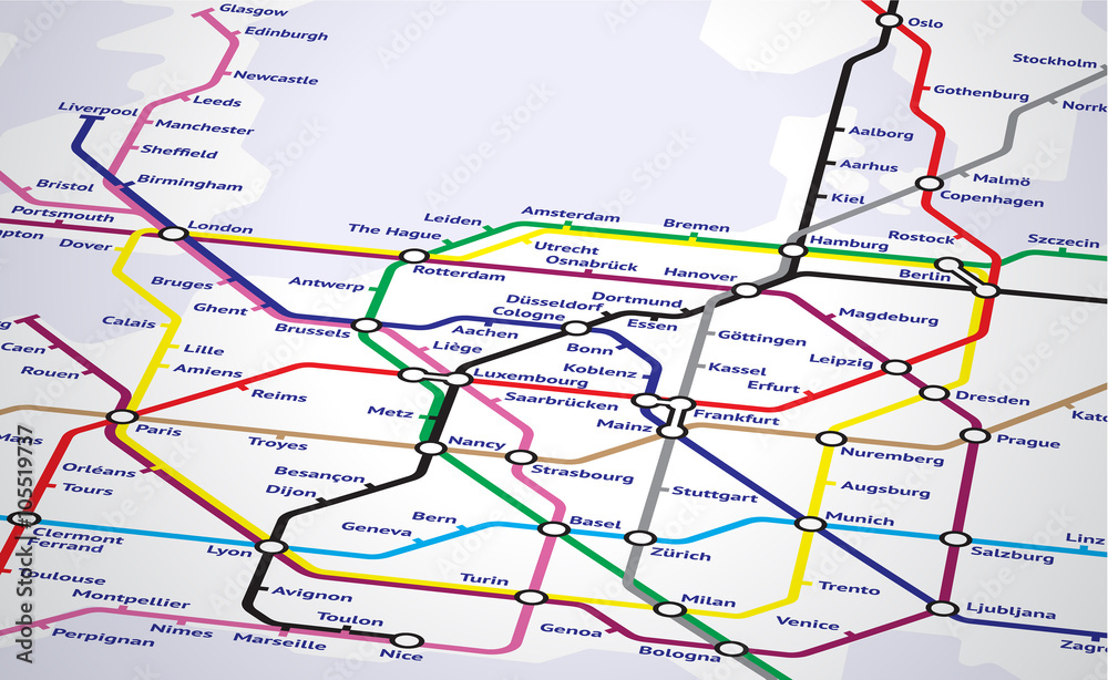 Europe Subway Map. Close up on a map of a fictional european subway ...