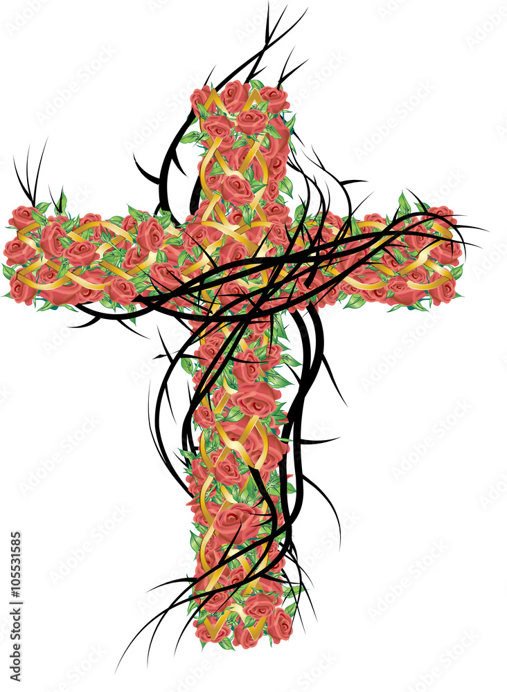 Vintage cross with thorns and roses, color vector illustration, symbol ...