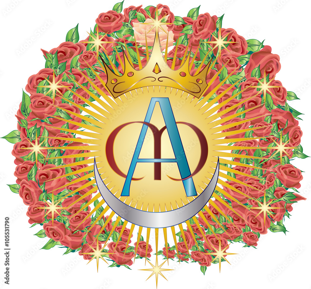 Monogram of the Blessed Virgin Mary, with crown,sun and half moon, with ...