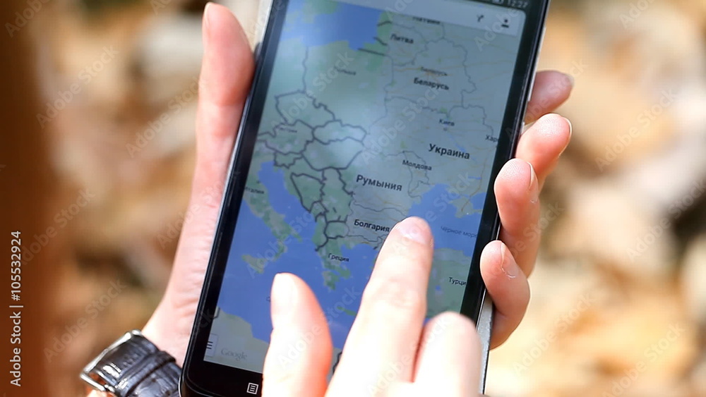 Smart, screen, navigation, close-up , GPS / girl enjoys a navigator on ...