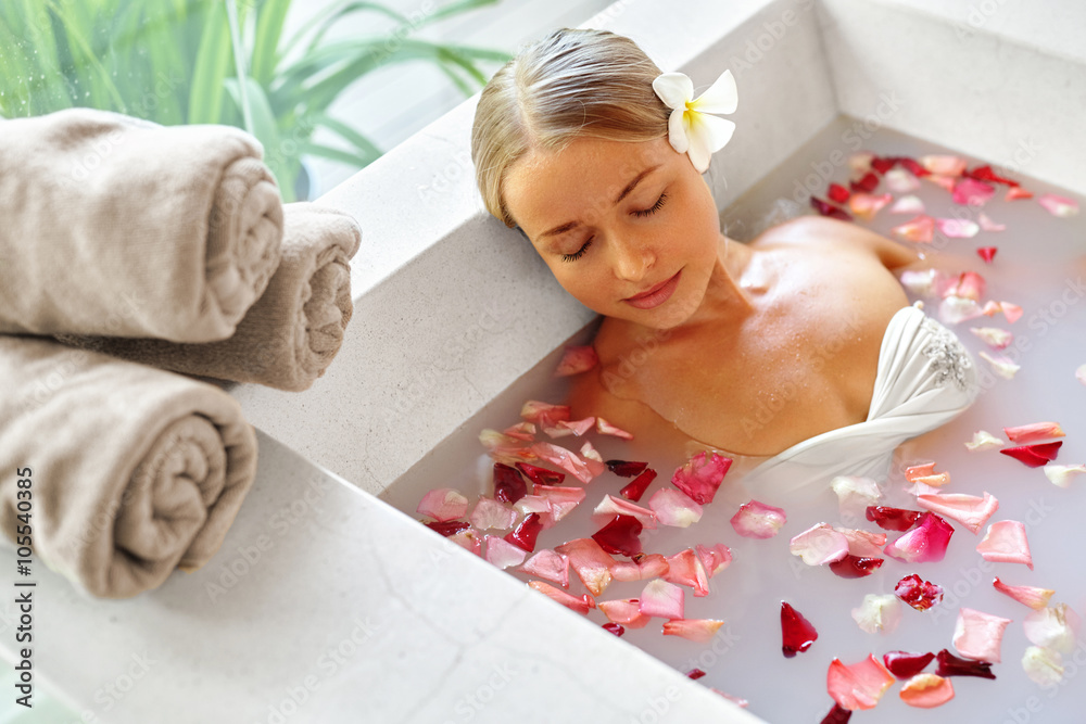 Spa Relax In Flower Bath Woman Health And Beauty Closeup Beautiful Sexy Girl Bathing With Rose