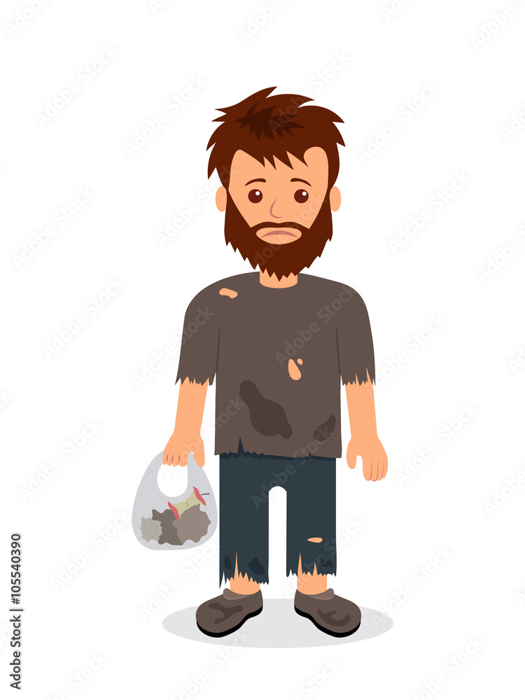 Homeless. Shaggy man in dirty rags and with a bag in his hand. Isolated ...