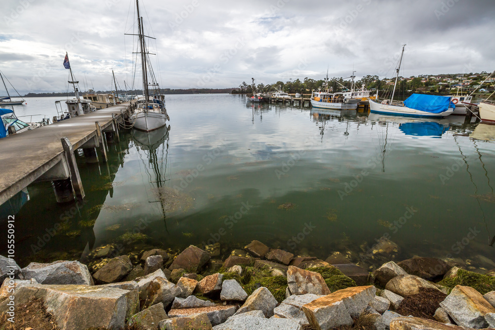 Fishing Boats docked at jetty in St Helens harbor, Georges Bay ...