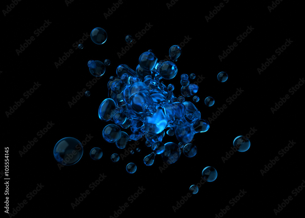 Abstract 3d rendering of chaotic liquid in empty space. Background with ...