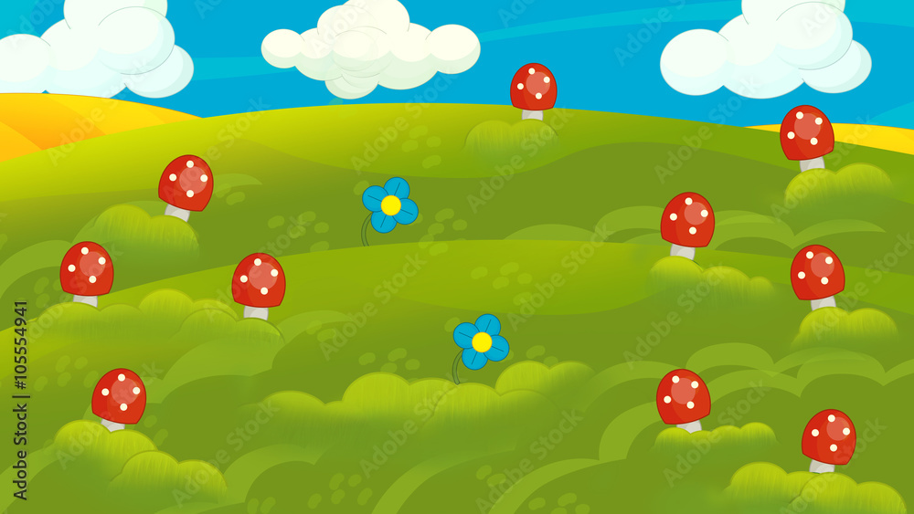 Cartoon nature scene of a meadow - illustration for the children Stock ...