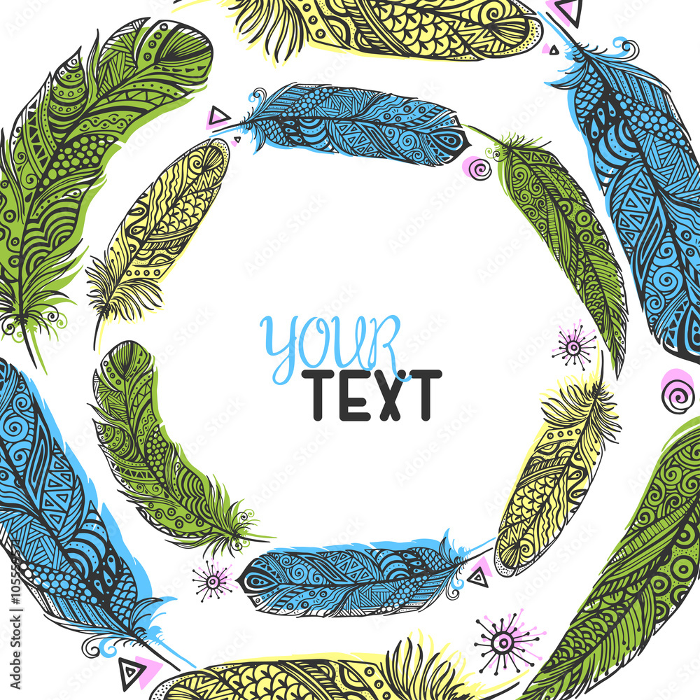 Yellow and blue feather ornamental frame. Nice decorative border for ...