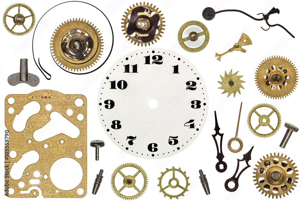 Spare parts for clock. Metal gears, cogwheels, clock face and ot Stock ...