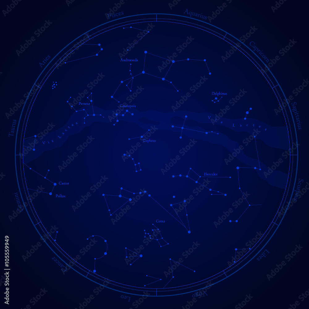 Zodiac star map with constellations, isolated on white. Milky way and ...